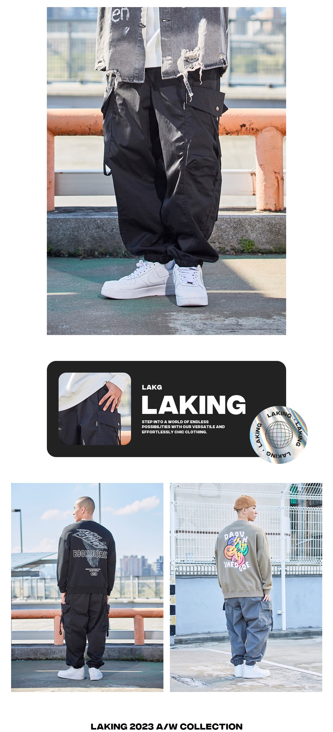 運動風口袋掛繩寬鬆斜紋束口工裝褲