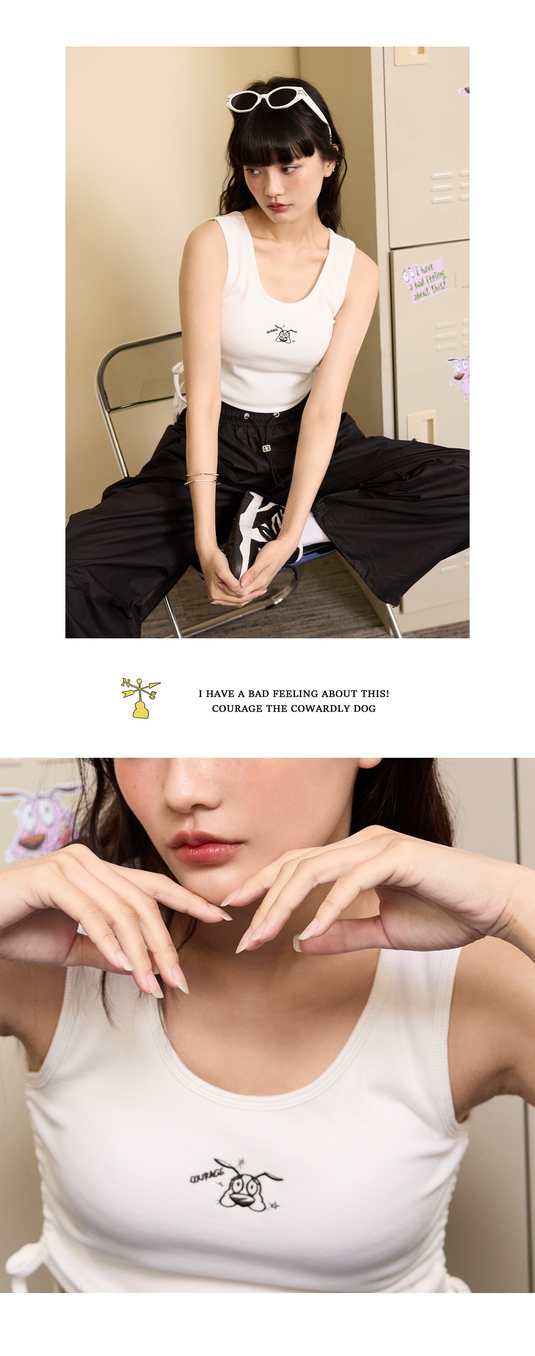 膽小狗英雄-抽繩U領背心上衣-白色