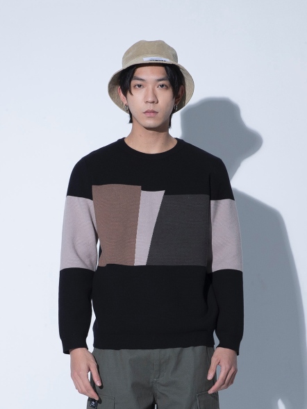 LAKING-撞色合身幾何針織長T