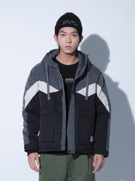 LAKING-三拼色大口袋鋪棉外套